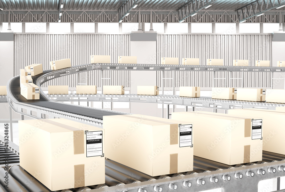 Production Line. Boxes on conveyor. Automated factory. Multi-level ...