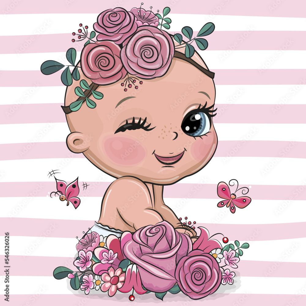 Cute Cartoon Baby with flowers Stock Vector | Adobe Stock