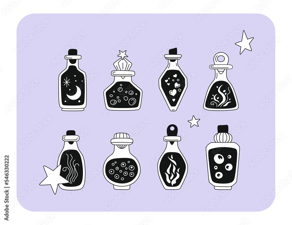 Witch potions vector illustration collection. elixirs of the alchemist ...