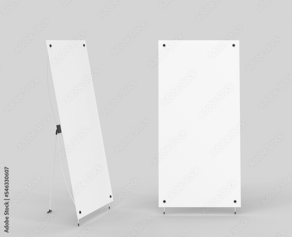 Blank roll up banner, mockup vertical x stand front and side view, 3d ...