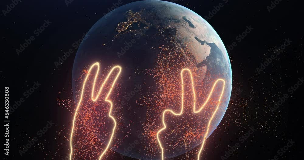 Hands red silhouette show peace, number two, victory sign in space ...