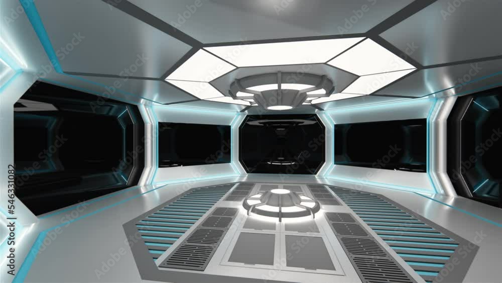 3D computer game science fiction .Spaceship interior with glowing, neon ...