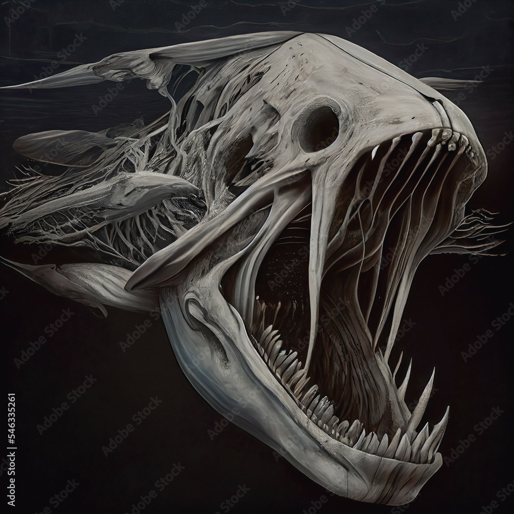 Underwater horror whale ocean deep sea creature concept art, bones ...