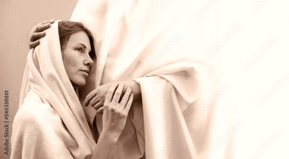 Holy saint bless sacred divin light shine scarf cute young wife lady ...