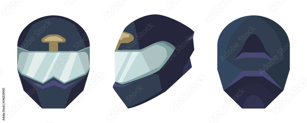 Dark blue motorcycle helmet vector illustrations set. Front, side and ...