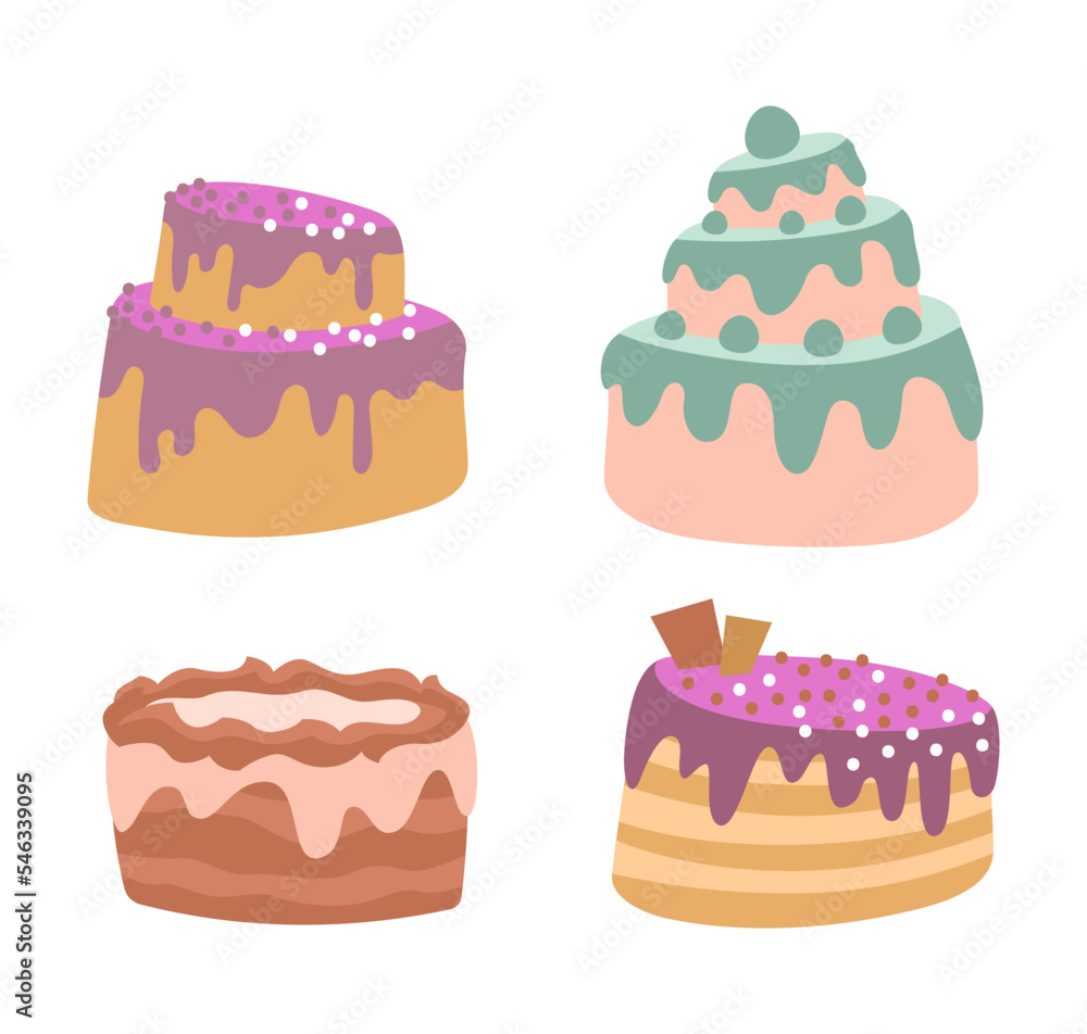 Colorful cakes with cream and frosting vector illustrations set ...