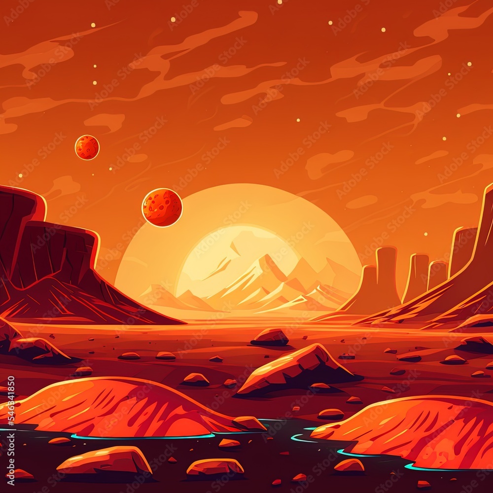 Mars surface, alien planet landscape. Space game background with orange ...