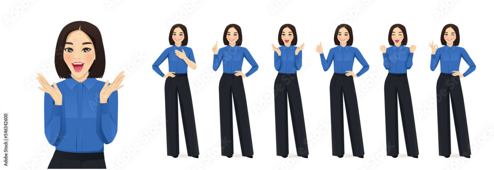 Vetor de Business asian woman showing positive emotions with different ...