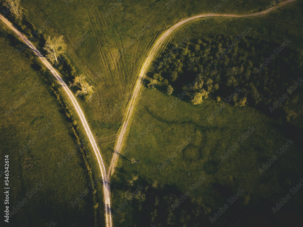 Drone photo of path that splits. The fork in the road resembles the ...