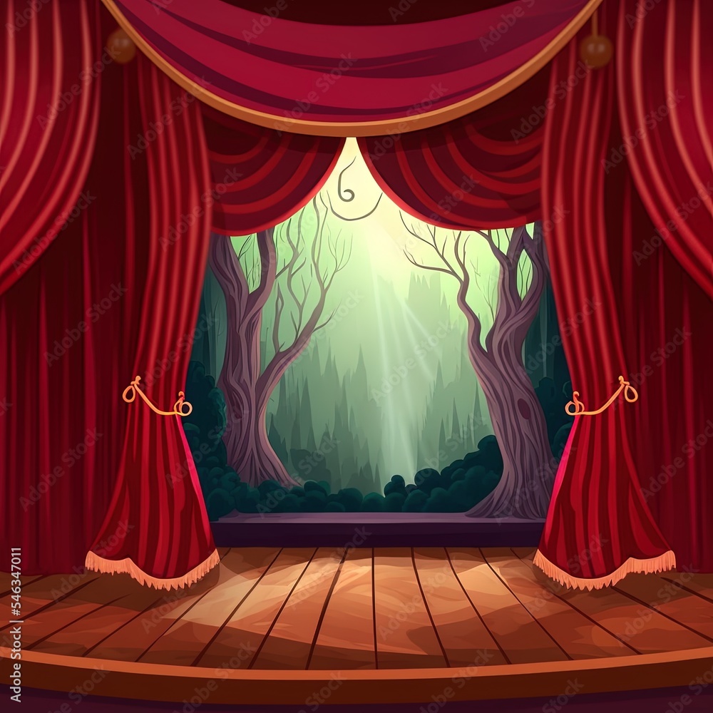 Theater stage with red curtains and spotlights. 2r illustrated cartoon ...