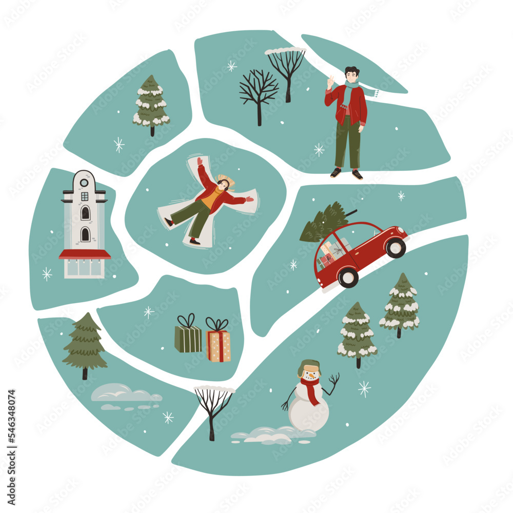 Hand Drawn winter round map creator with houses, pine trees ...