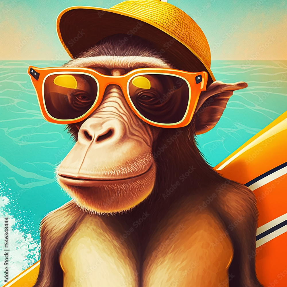 Abstract painting concept. Colorful art of a monkey with sunglasses and ...