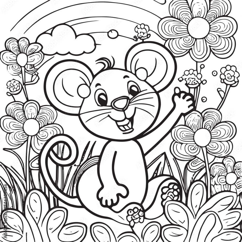 Happy mouse playing outside. Coloring book for children. Cartoon ...