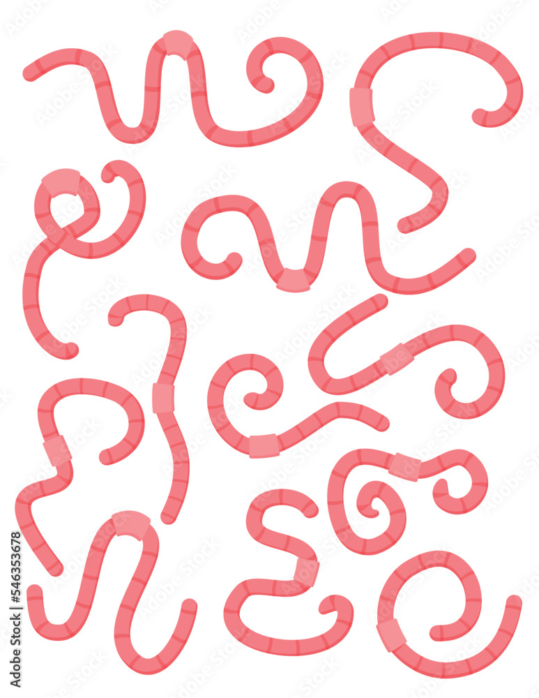 Cartoon pink worms set. Curled wiggling pests or earthworms isolated on ...