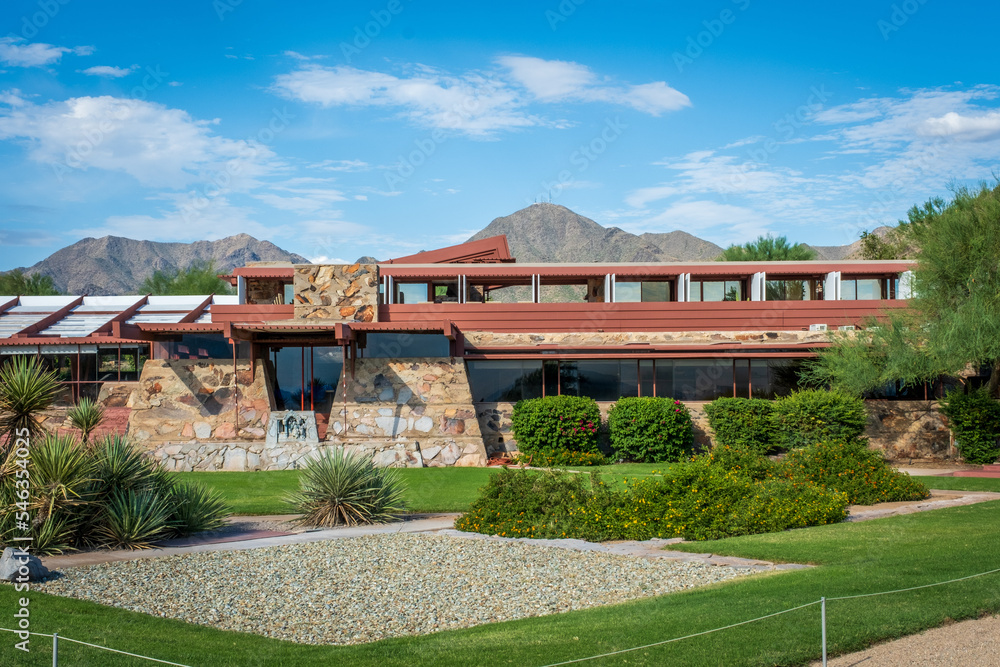 Exterior View of Taliesin West, winter home and school of famed architect Frank Lloyd Wright in ...