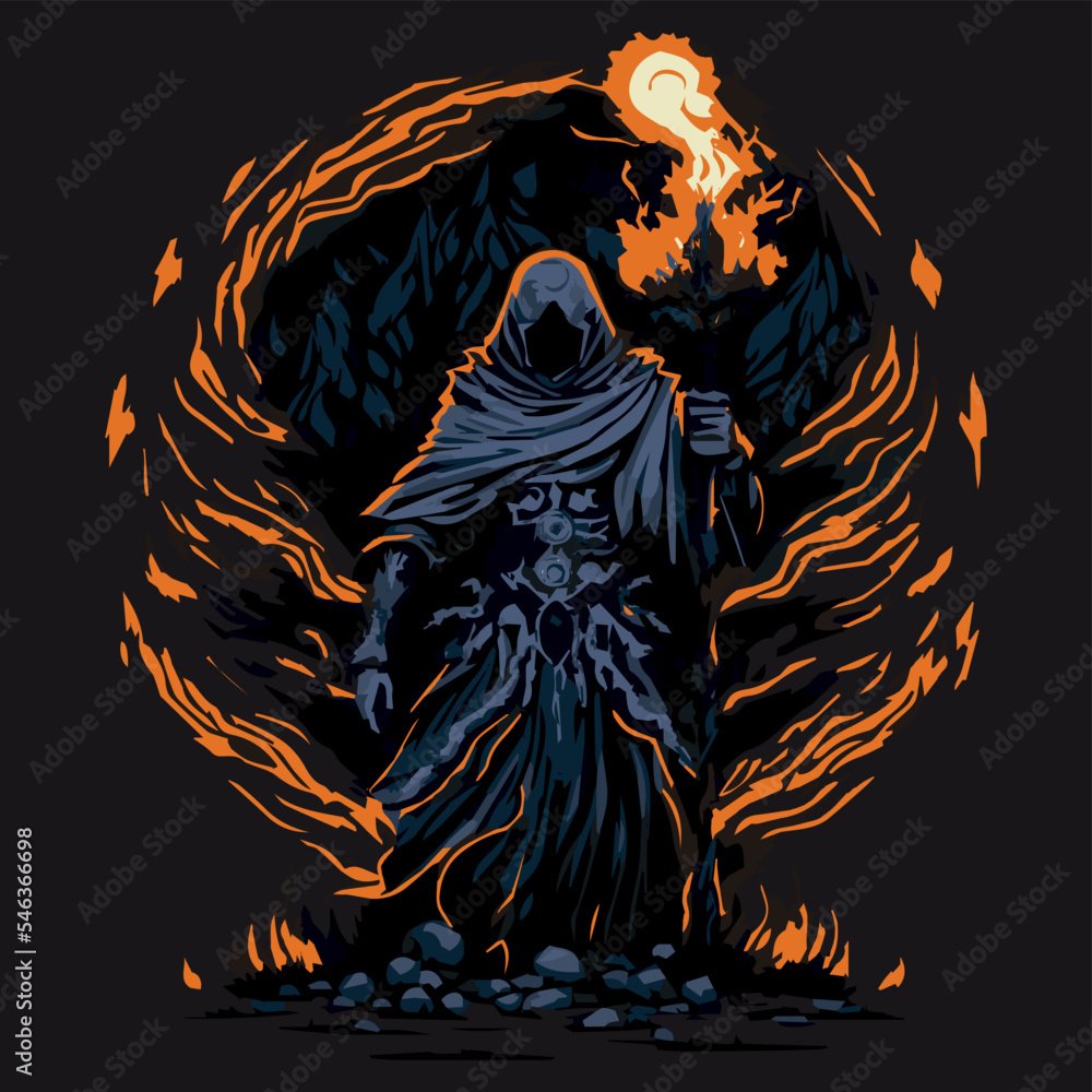 Fire mage vector illustration. Dark wizard. Fairytale sorcerer casting ...