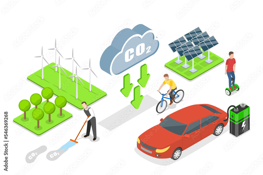 3D Isometric Flat Conceptual Illustration of Carbon Emission Reduction ...