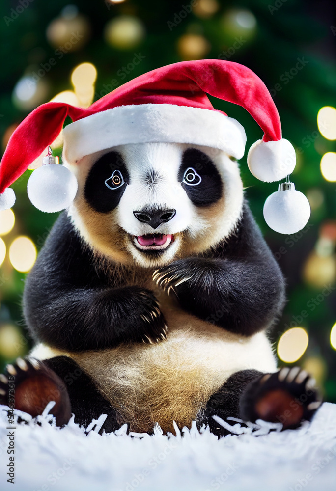 Cute and Adorable Panda Bear. Christmas illustration photo portrait ...