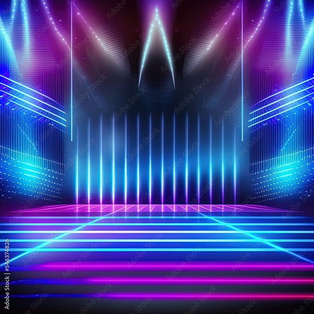 Neon light. Background of empty show scene. Empty dark modern abstract ...