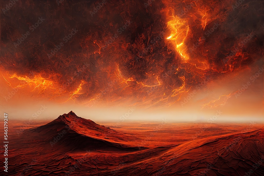 Post apocalyptic burning planet, barren desert dune landscape with ...