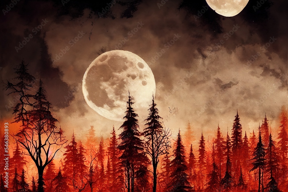horror forest background, full moon above trees, apocalyptic scene Stock Illustration | Adobe Stock