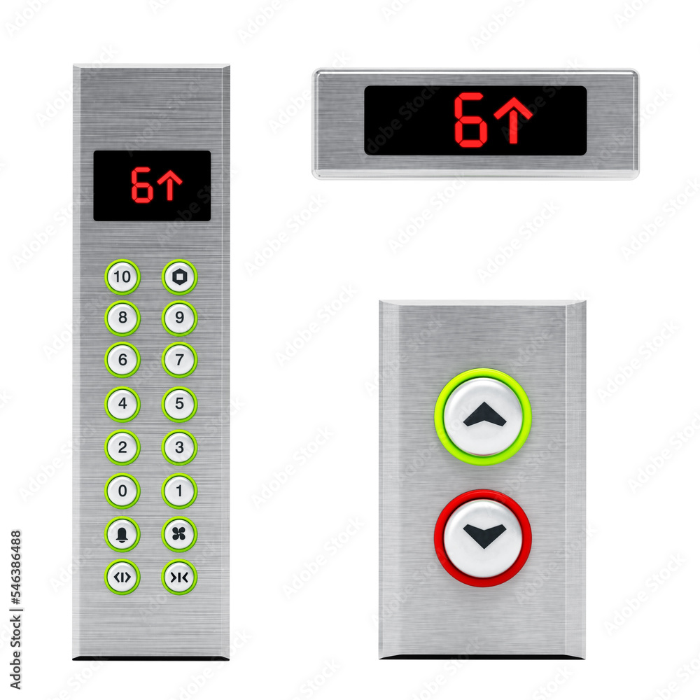 Elevator panels with buttons and LCD display on transparent background ...