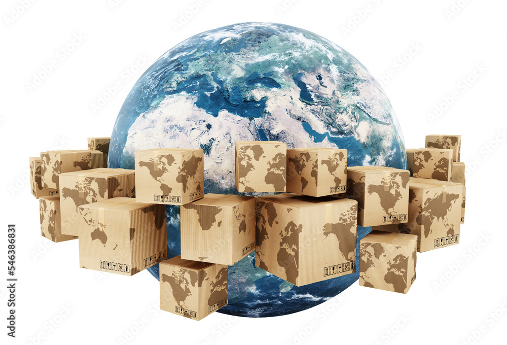 Cardboard boxes turning around the earth on transparent background ...
