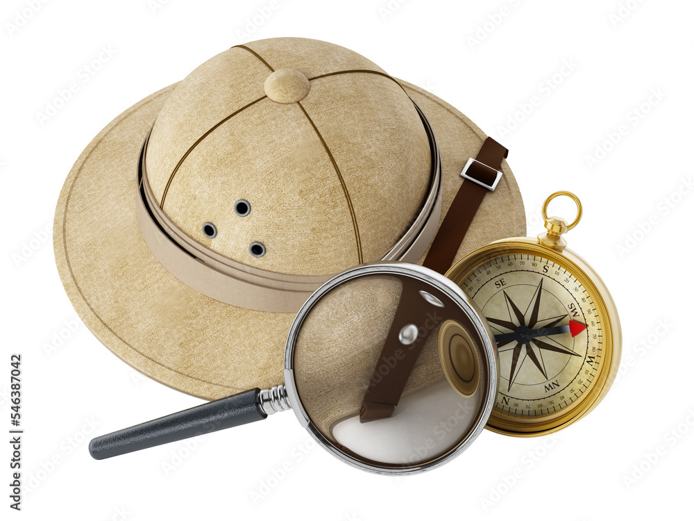 Explorer hat, magnifying glass and vintage compass on transparent ...