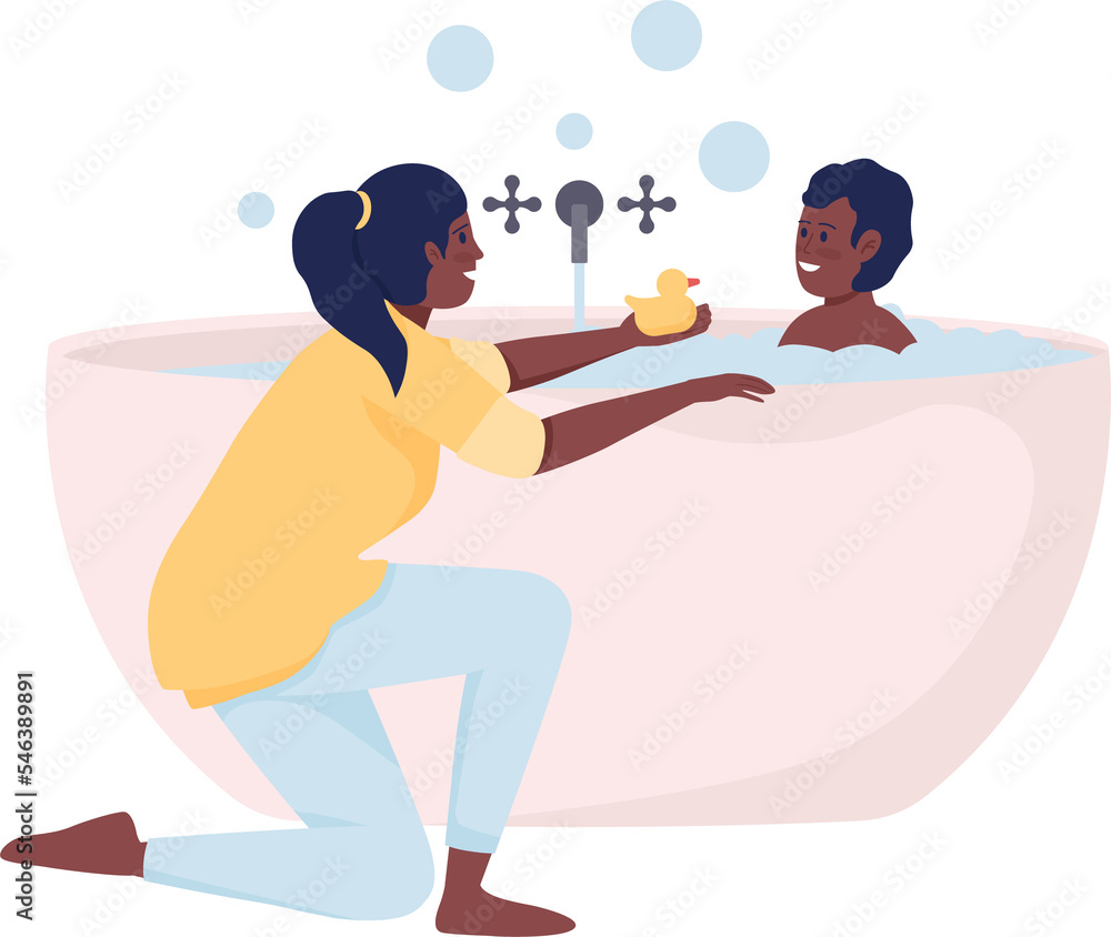 Mother bathing her son semi flat color raster characters. Sitting ...