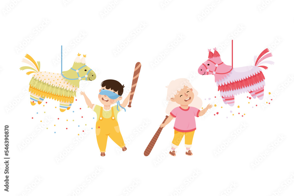 Funny Boy and Girl Striking and Hitting Pinata Hanging on String with ...