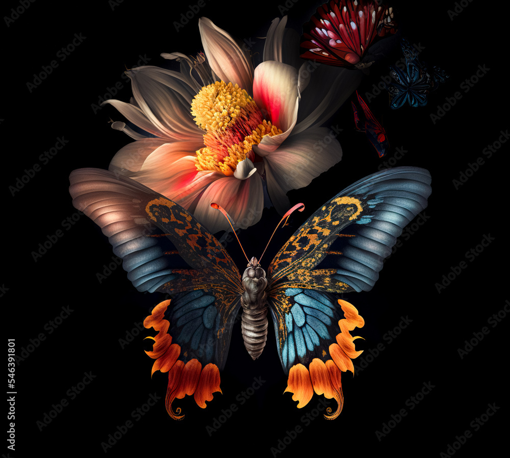 Beautiful tropical butterfly on exotic flowers on dark background ...