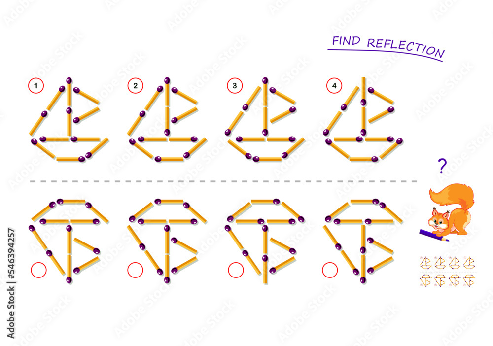 Logic puzzle game for kids. Need to find correct reflection for each ...