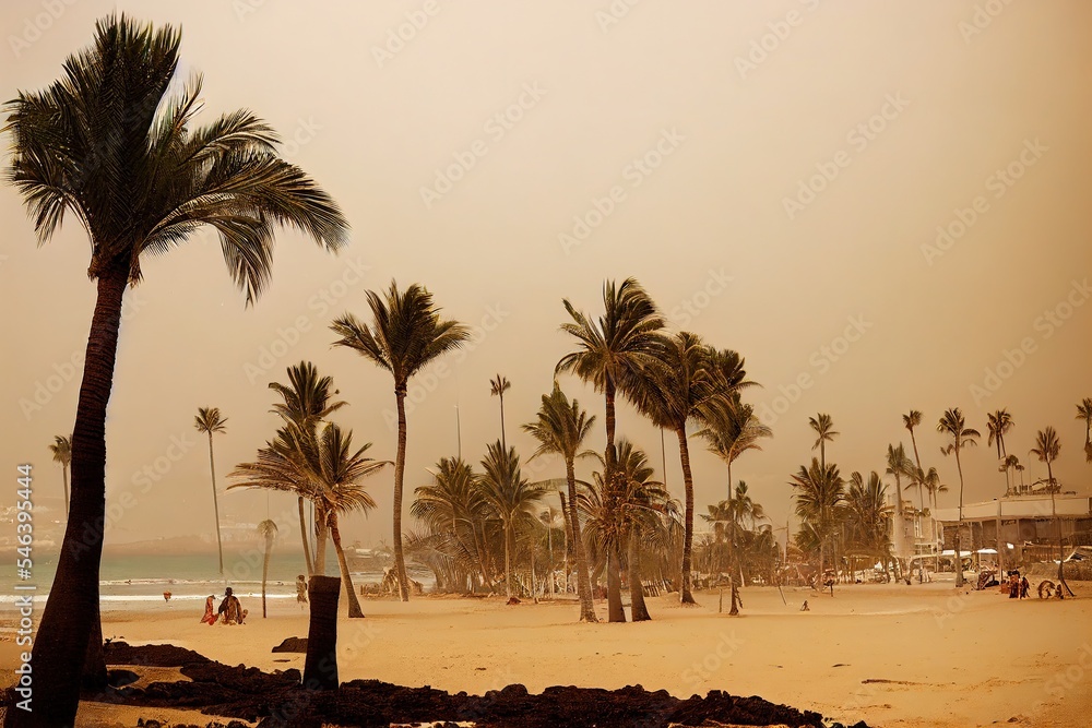 Palm trees and buildings on the beach of canarian island. Calima sand ...