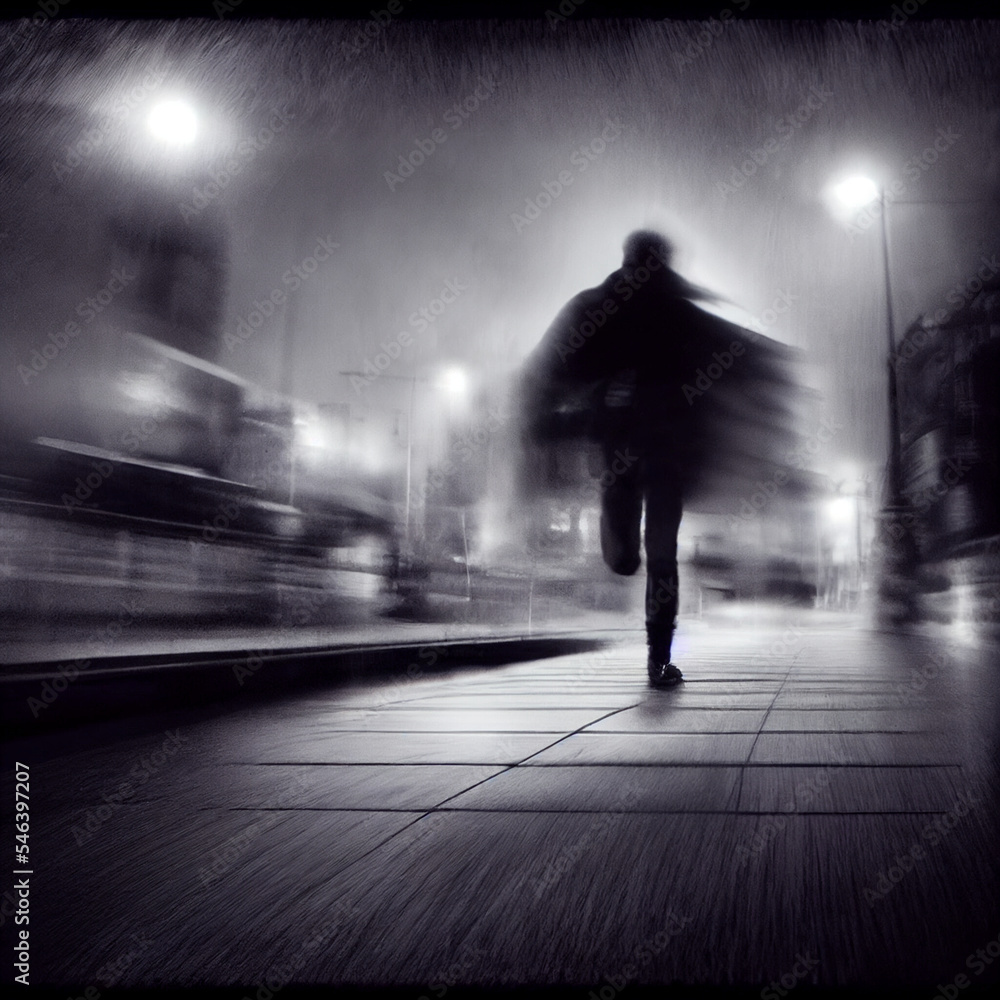 Shadowy figure running in the dark, motion blur, noir aesthetic, black and white, crime, thief ...