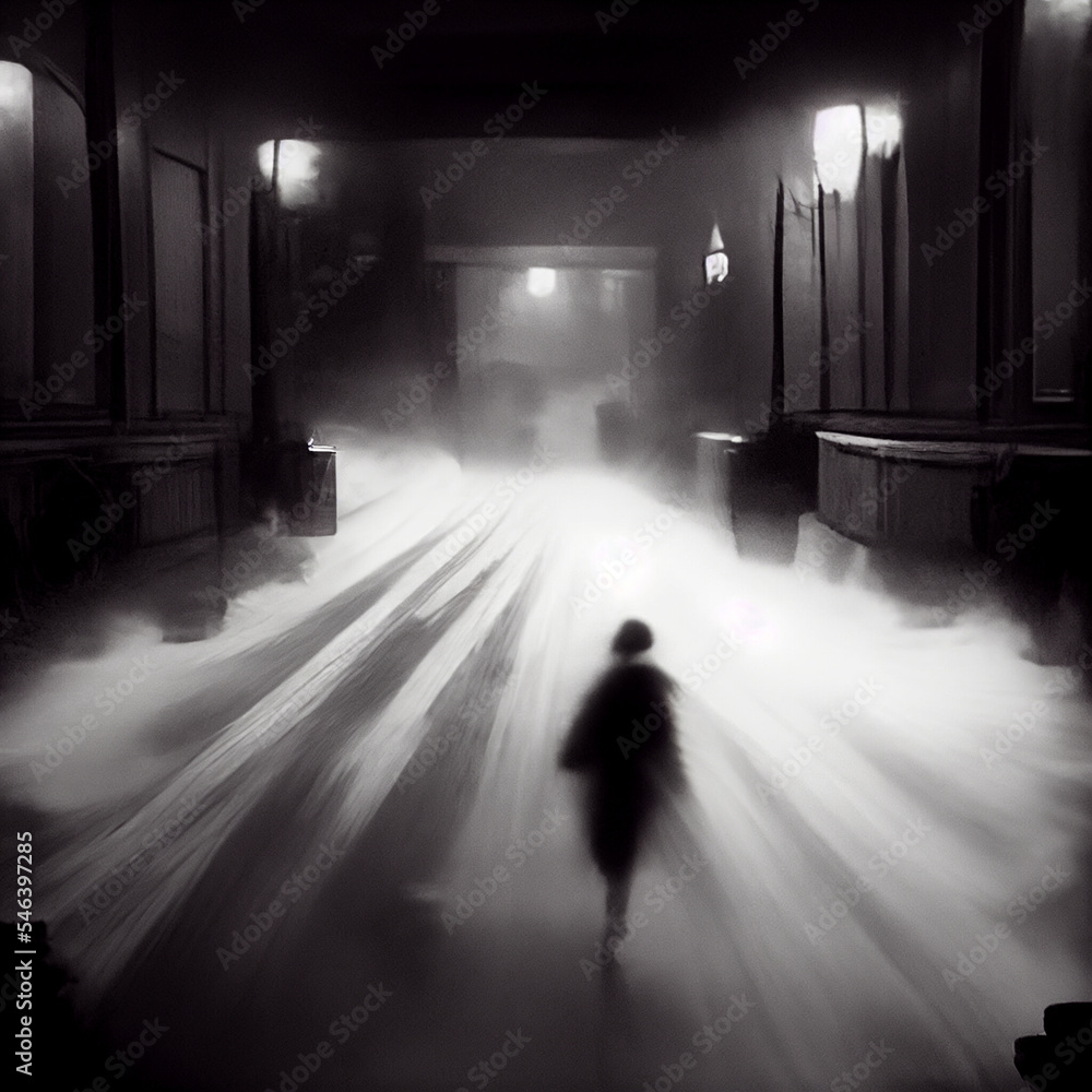 Shadowy figure running in the dark, motion blur, noir aesthetic, black and white monochrome ...
