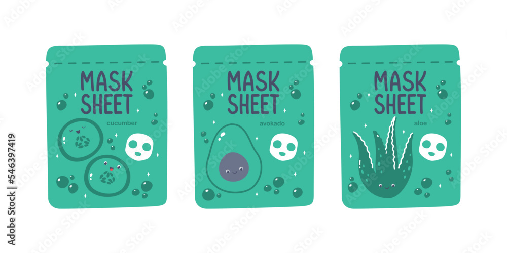 Cute vector face mask sheet packaging design with cucumber, avocado ...