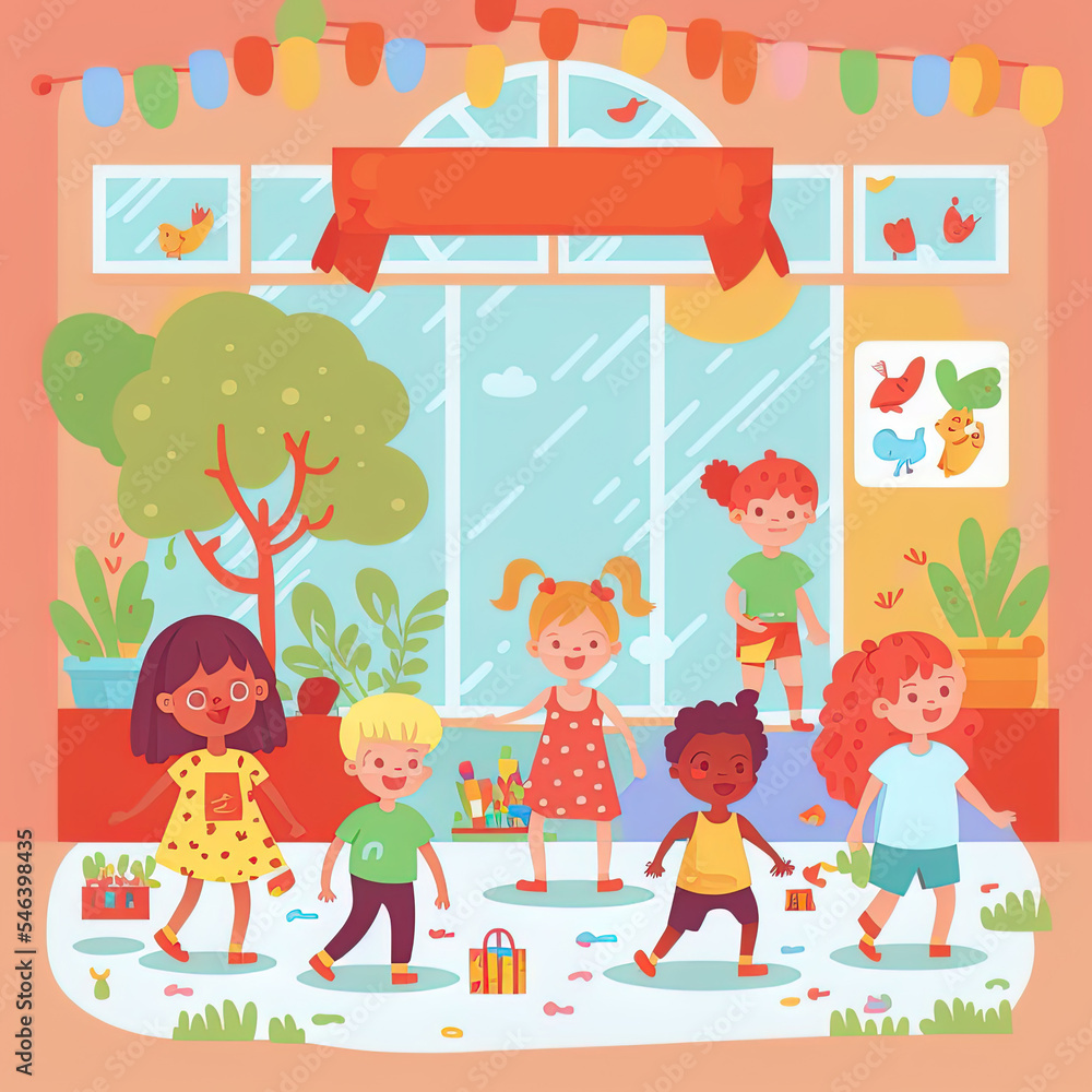 Children in a kindergarten. Group behavior. Kids playing. Day care ...