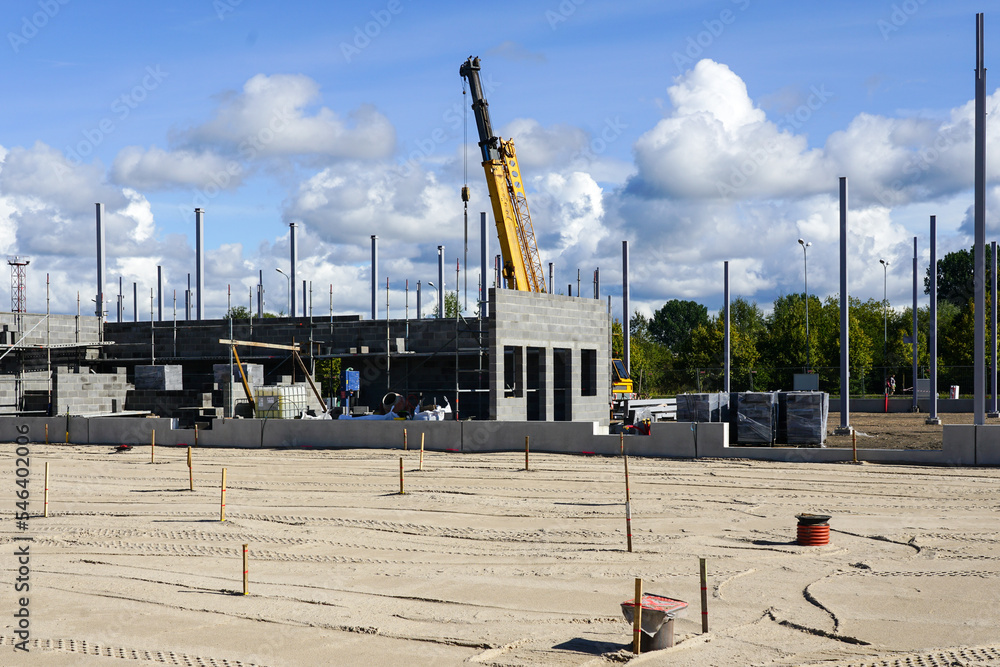 Construction site of a new industrial building, concrete block walls ...