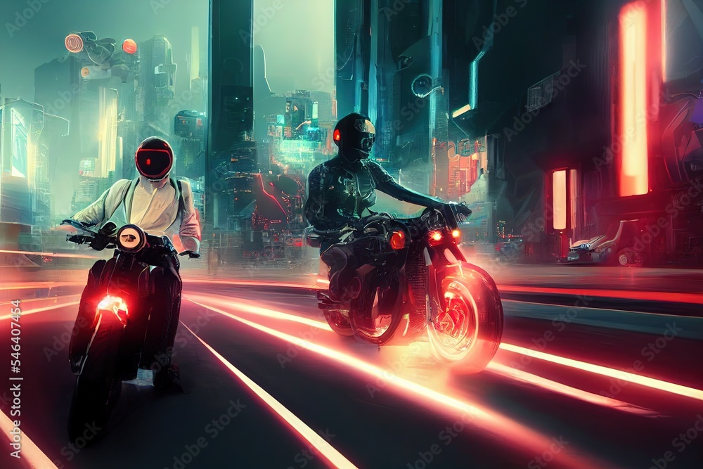 Cyborg rides a huge speed on the motorcycle of the future through the ...