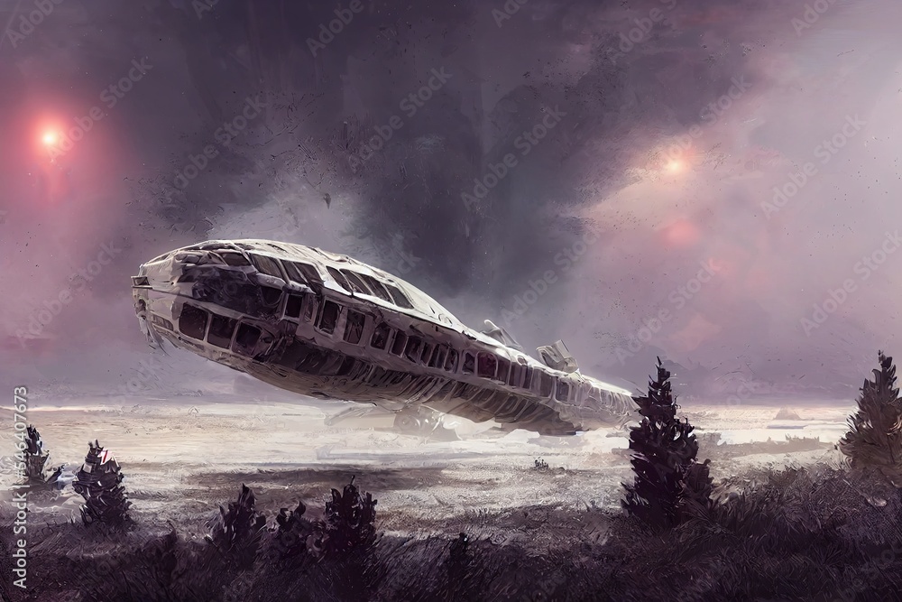 Crashed Spaceship in the Wet Land. Fiction Backdrop. Concept Art ...