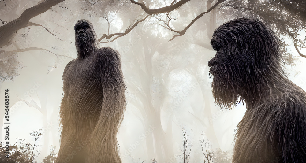 Two Bigfoot creatures in mist and fog of the deep wilderness forest ...