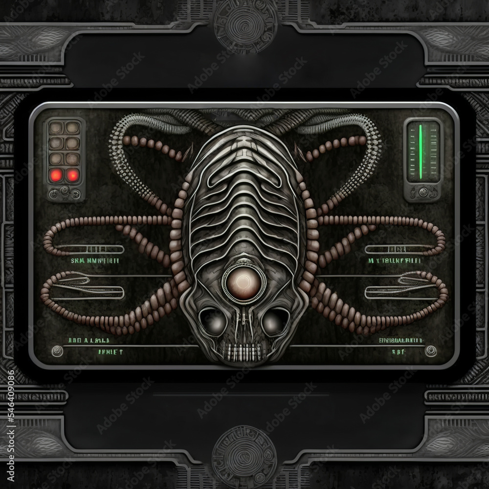 Sci-fi alien head on card back frame template steampunk biomechanical ...