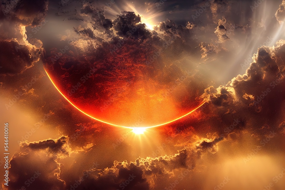 Dramatic apocalyptic background sun eclipse, red sunset, dark green sky ...