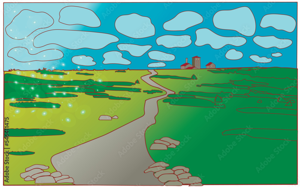 Cartoon nature landscape, dirt road go along field Stock Vector | Adobe ...