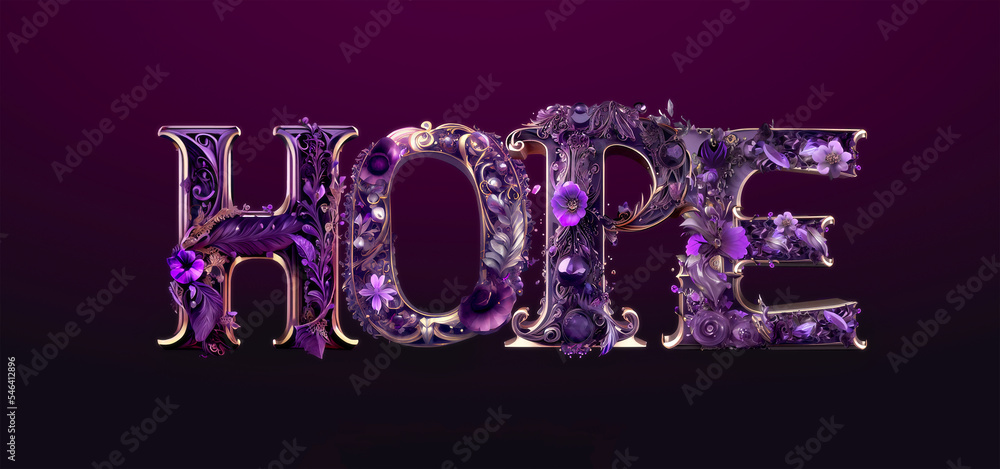 hope word in pink purple floral and ornamental font like an roses ...