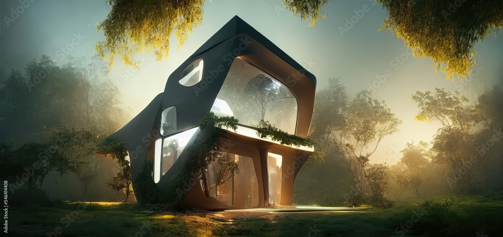 Futuristic tiny house architecture building designed by AI, eco house environmentaly friendly ...