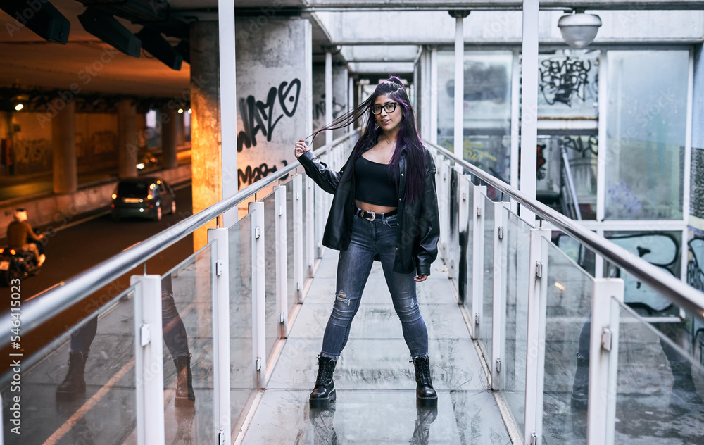 young latina woman glasses with long pink hair fur jacket big black ...