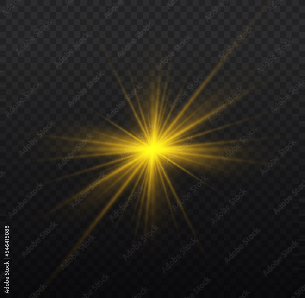 Set of yellow stars bursts with sparkles. Sunlight special lens flare ...