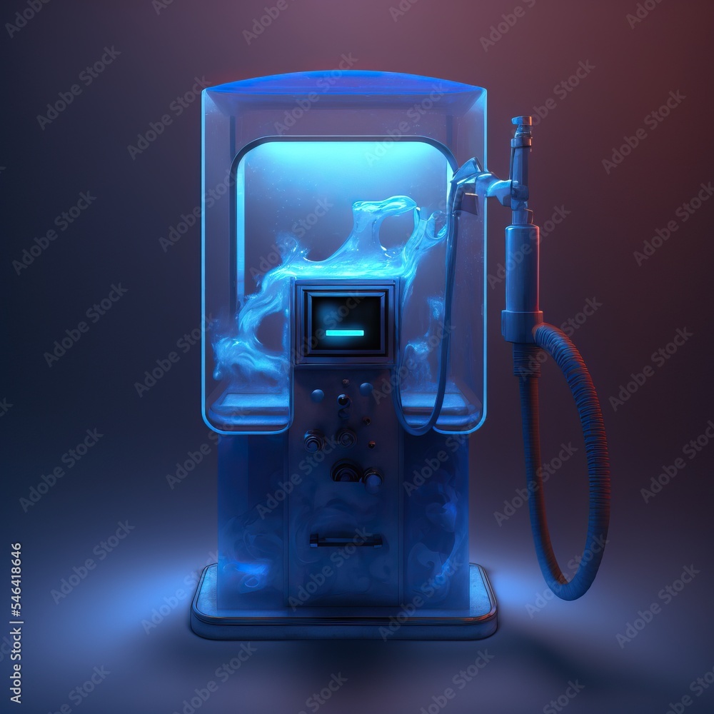 Hydrogen fuel gas stations dispenser pump with blue glowing liquid. H2 ...