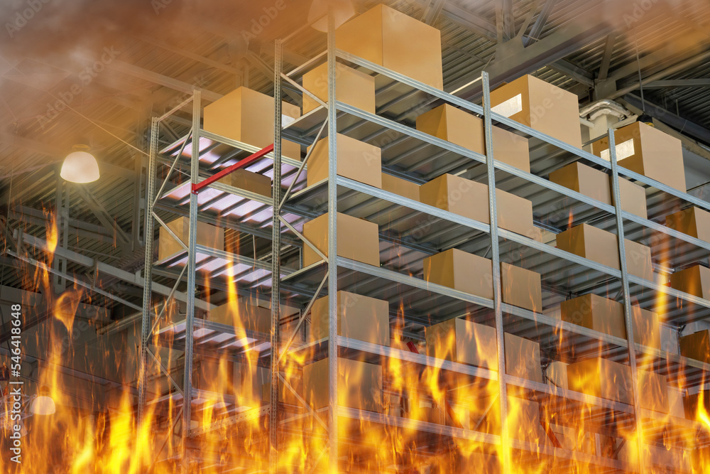 Fire alarm in warehouse. Burning racks with boxes. Flame and Smoke in ...